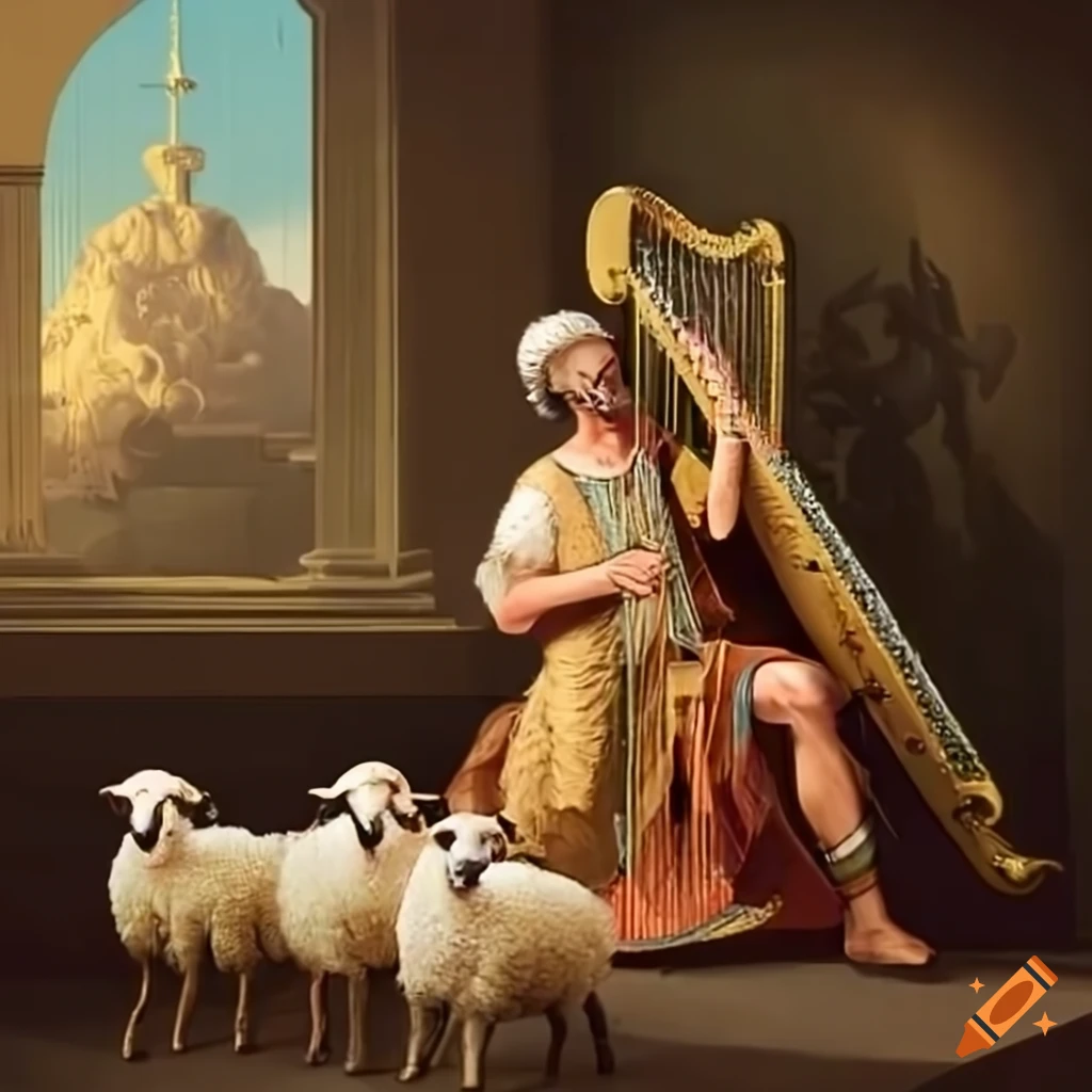 Orpheus, young male greek warrior holding a greek harp, impressionist ...