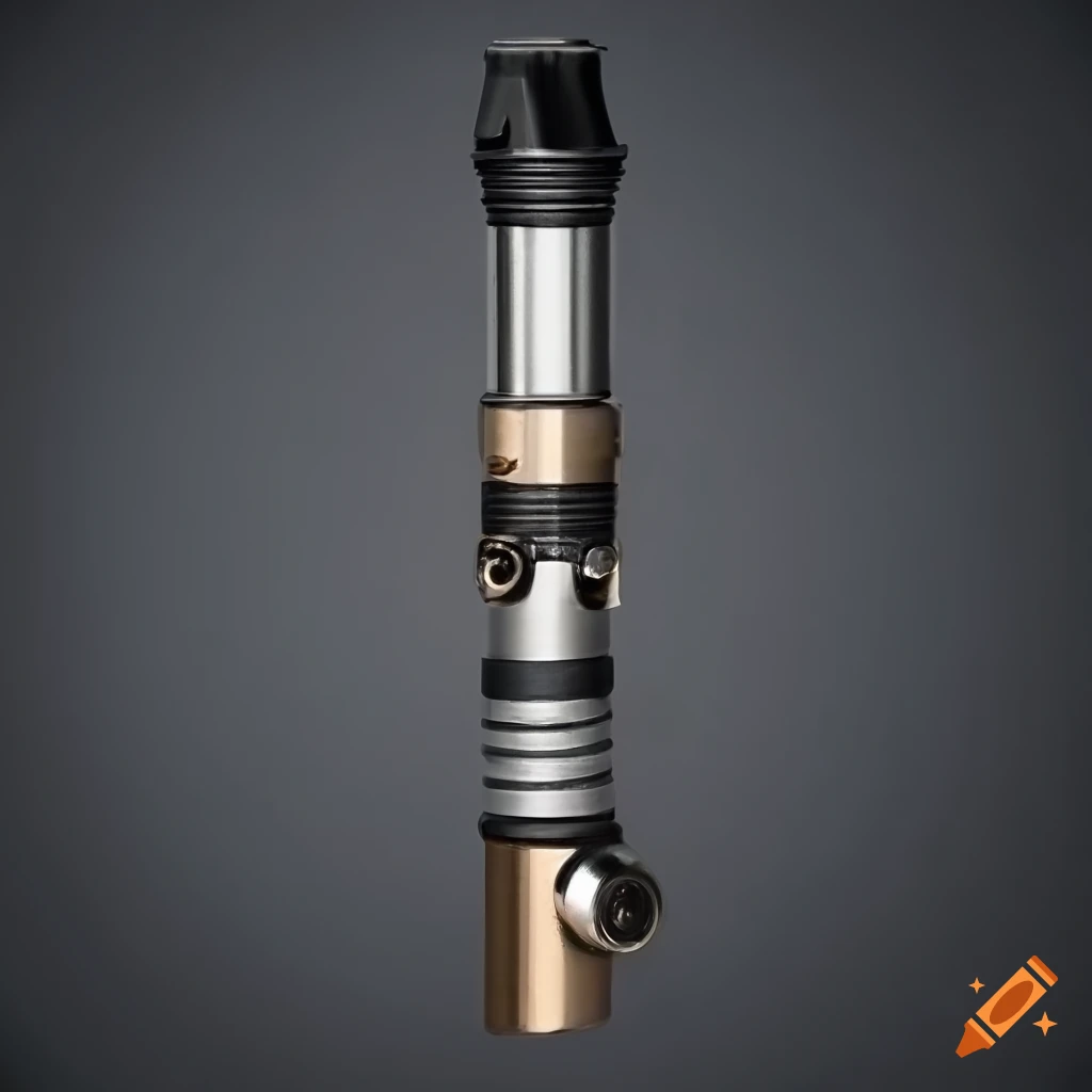 Detailed, stylized lightsaber hilt in gunmetal black and bronze