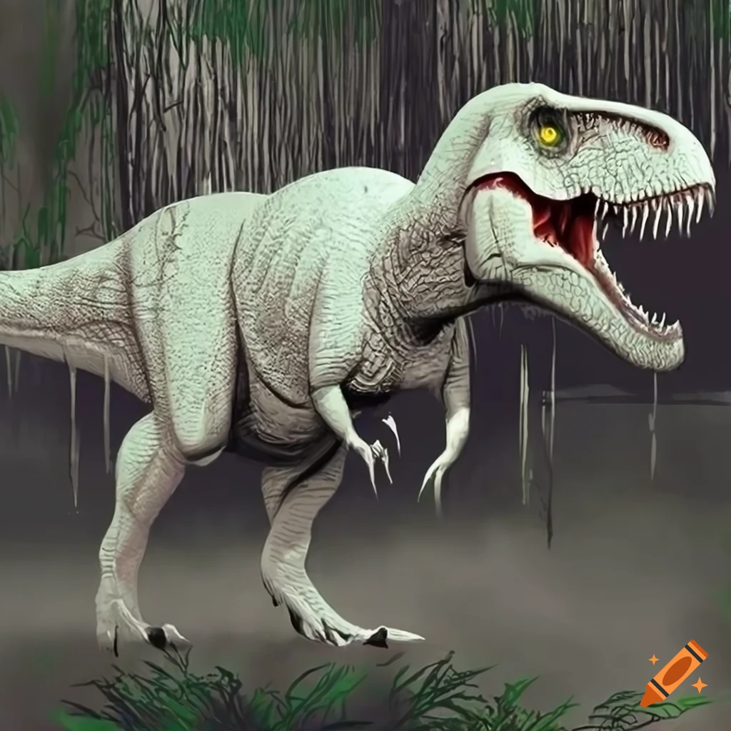 Gothic horror illustration of an albino t rex