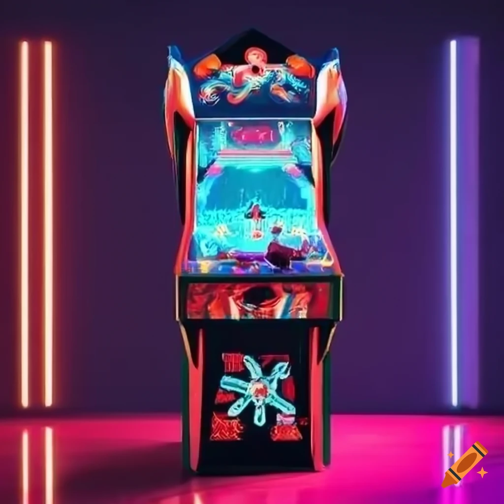 Neon lights behind galaga arcade machine on Craiyon