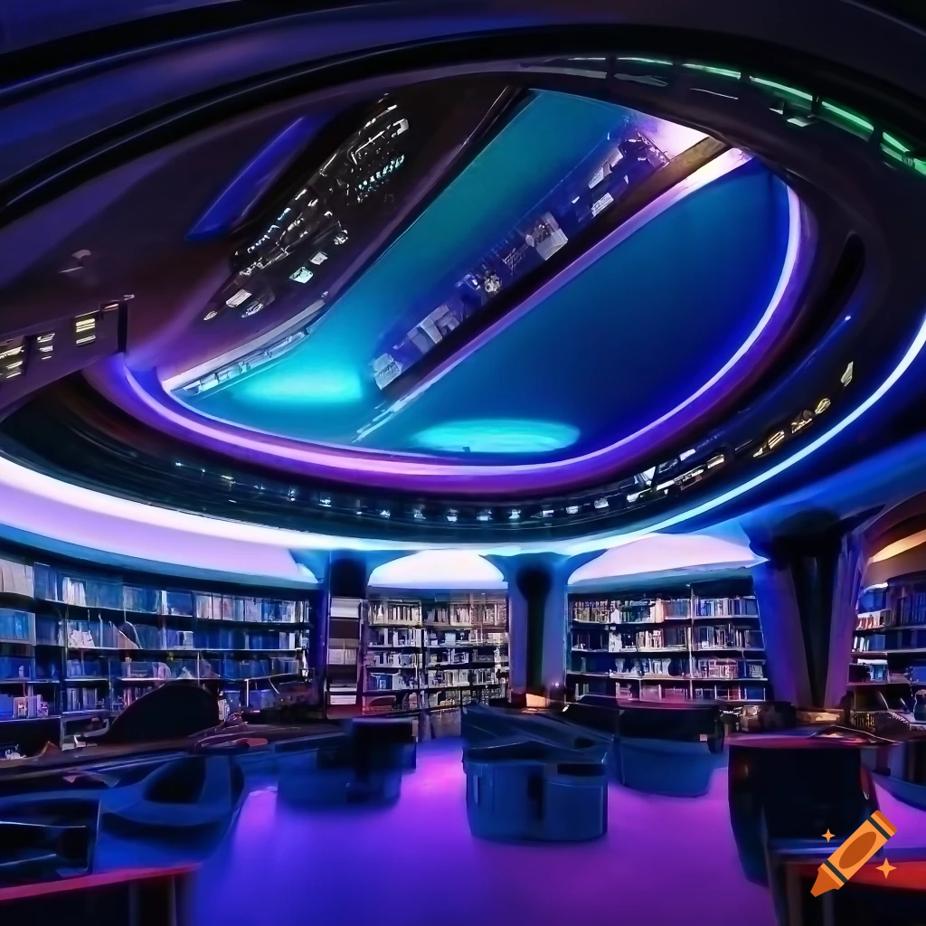 Futuristic library with cosmic atmosphere on Craiyon