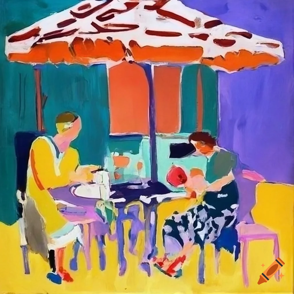 Artistic outdoor coffee shop influenced by matisse, picasso, and ...