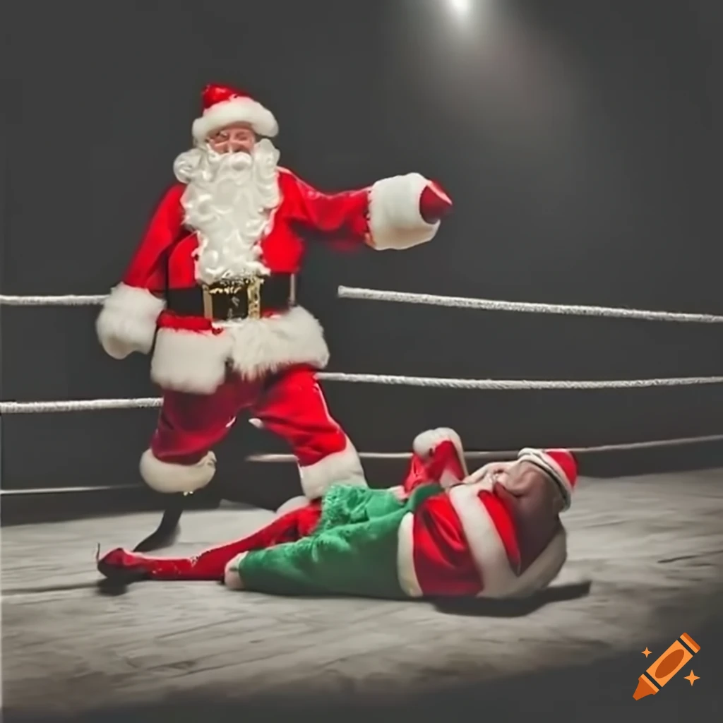 Santa claus boxing with a knocked out christmas elf