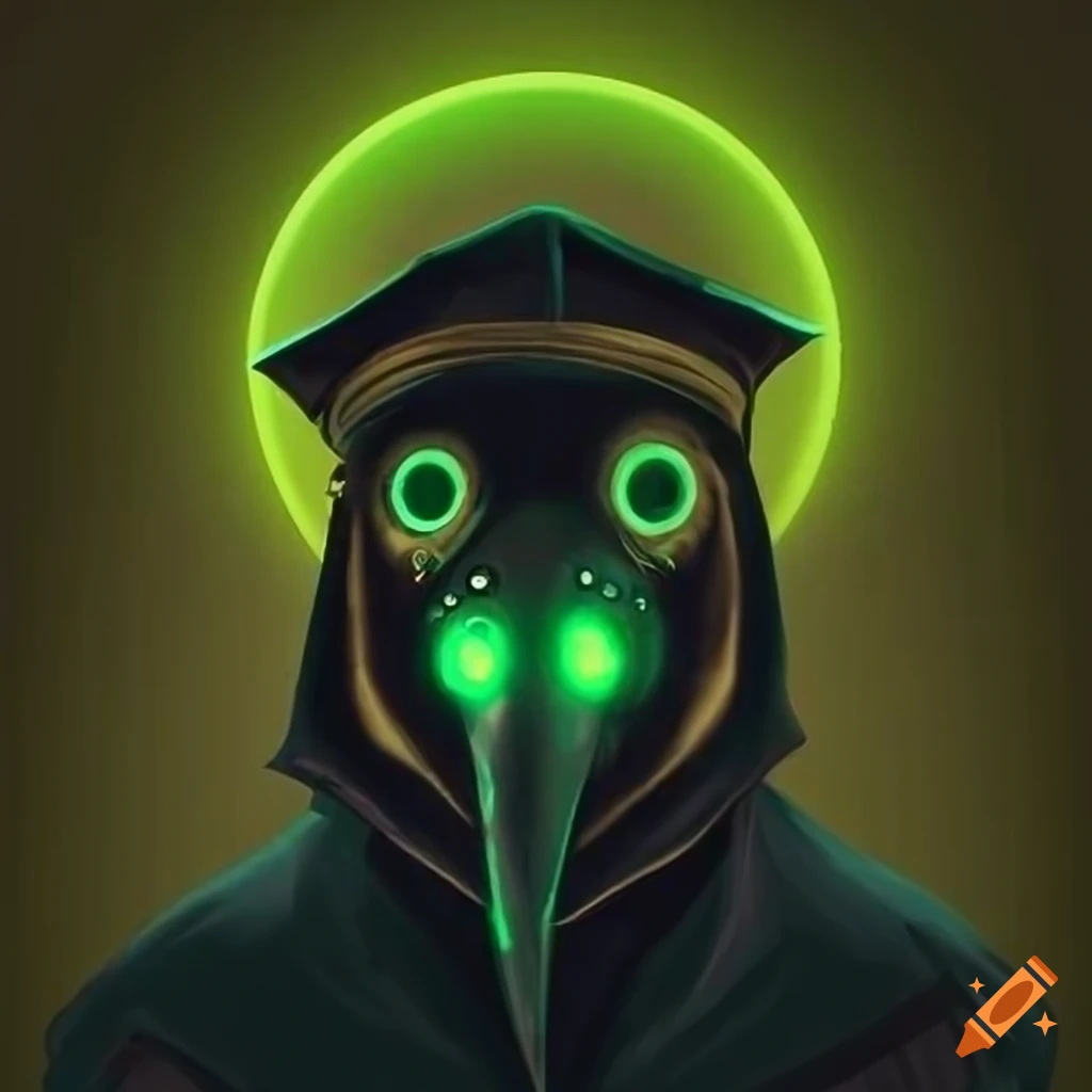 Plague doctor with green glowing eyes and golden lined mask on Craiyon