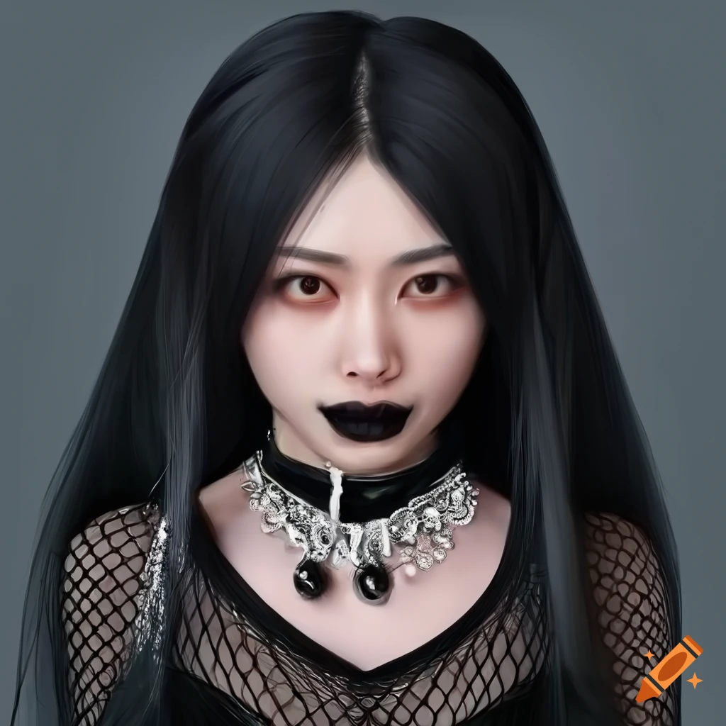 Portrait of a smiling goth woman with black hair and silver accessories on Craiyon