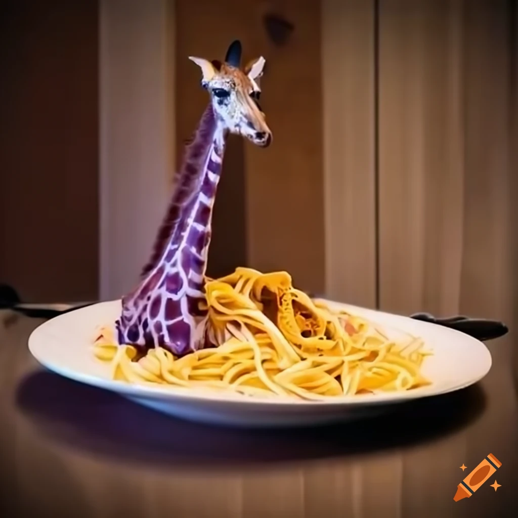 Purple giraffe eating pasta