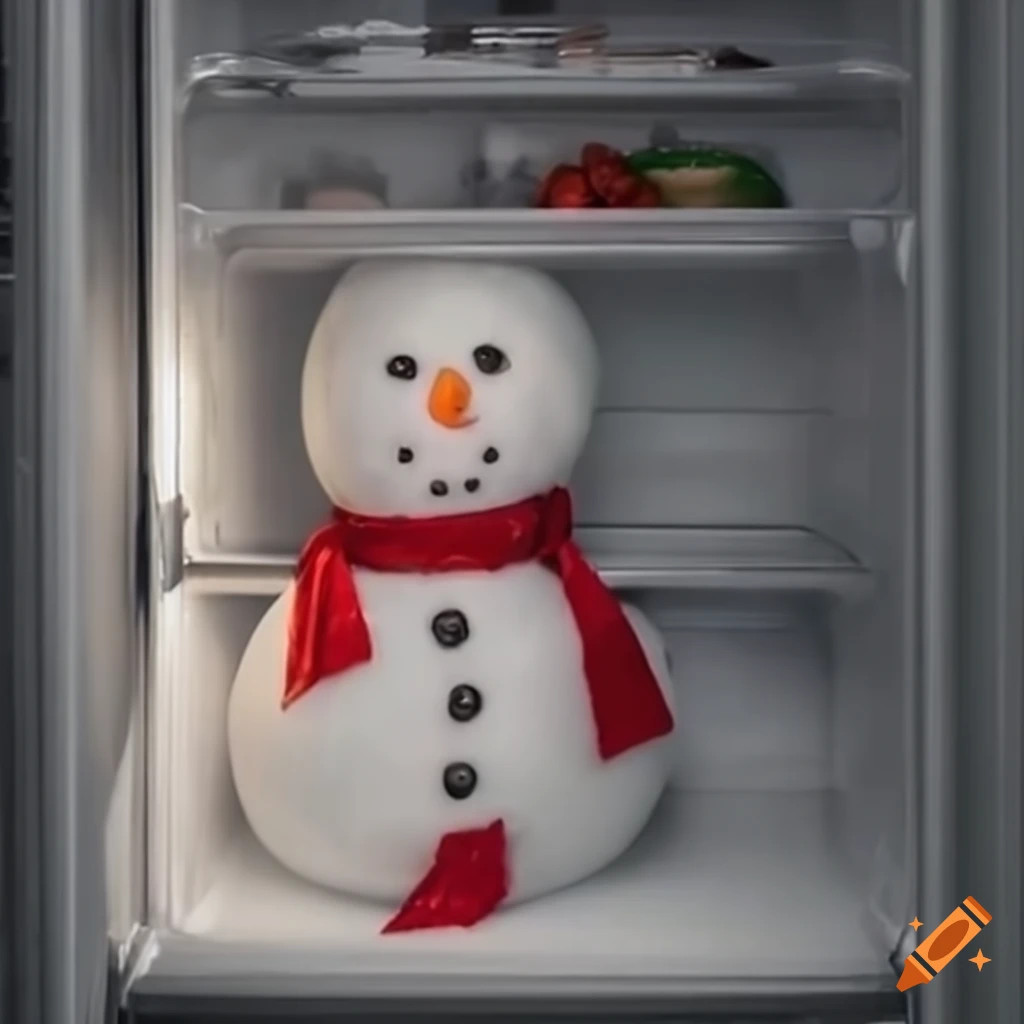 Conceptual image of a snowman in a fridge on Craiyon