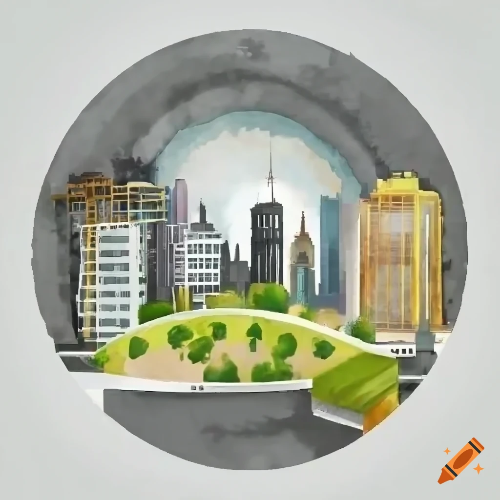 Realistic circular view of city skyline