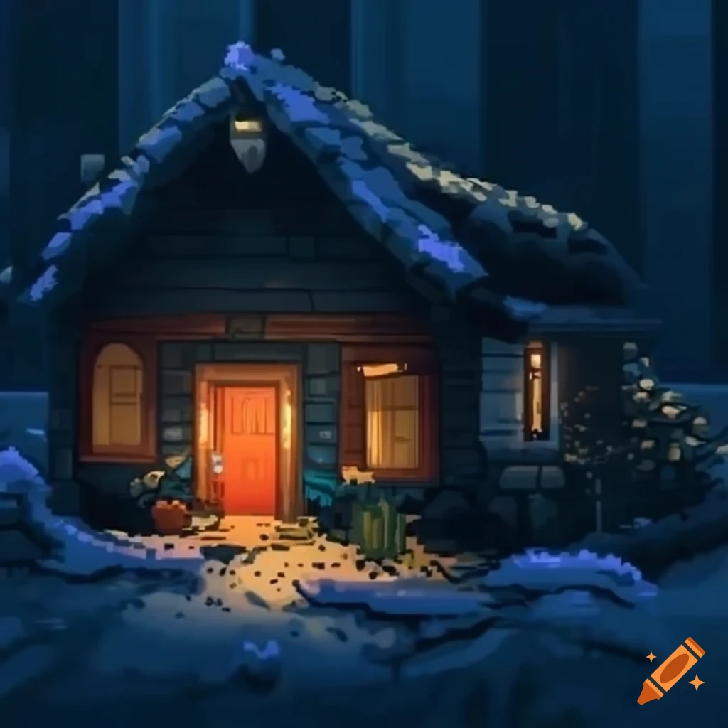 Pixel art of a cozy cabin interior on Craiyon