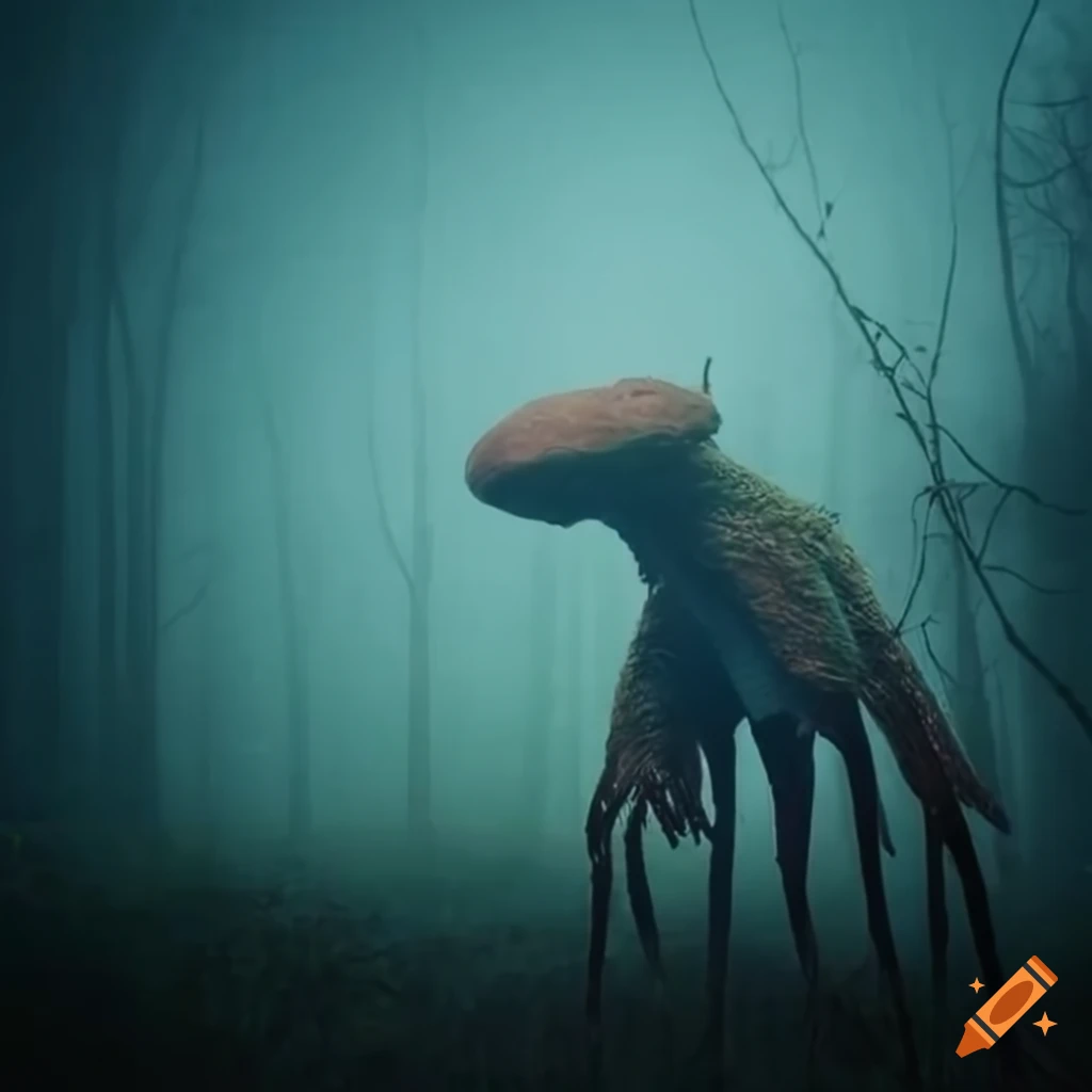 Mysterious creature in a foggy forest with a rusty school bus on Craiyon