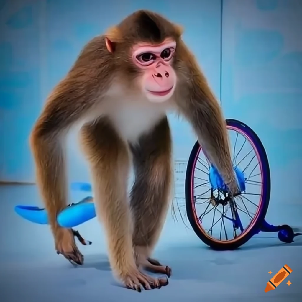 Funny monkey riding an old blue bike on Craiyon