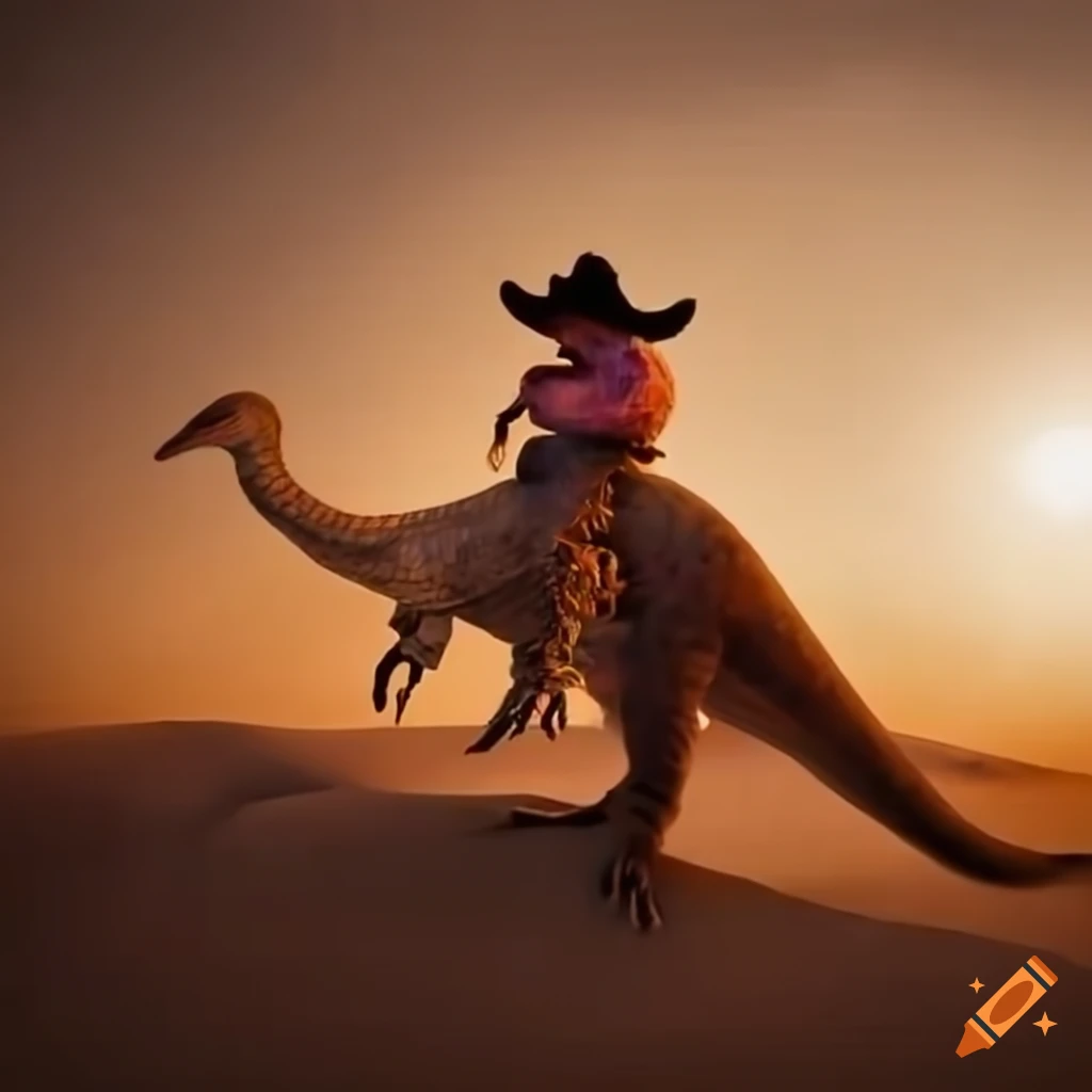 Image of a raccoon cowboy riding a dinosaur in the desert on Craiyon