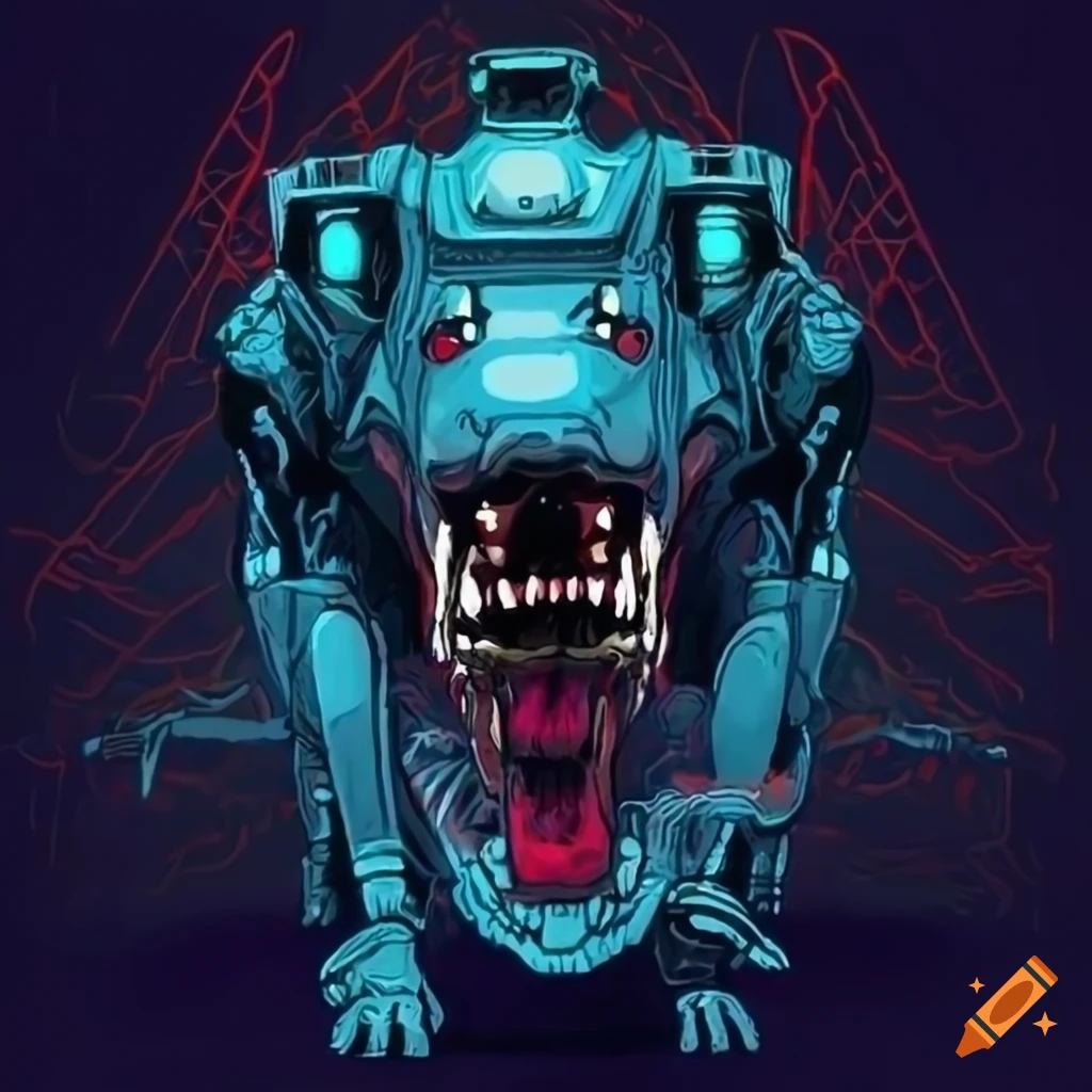 Pop art depiction of an intense laser battle between robotic dog and ...