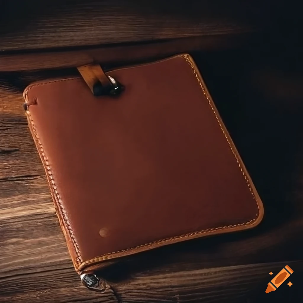 Leather notebook with customizable tag on wooden table on Craiyon