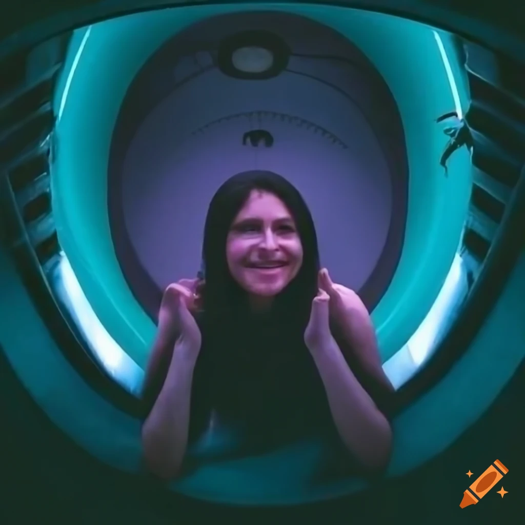 Person enjoying virtual reality in a holographic pod on Craiyon