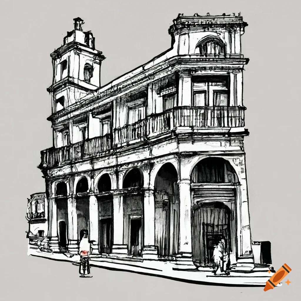 Black and white ink drawing of colonial buildings in havana