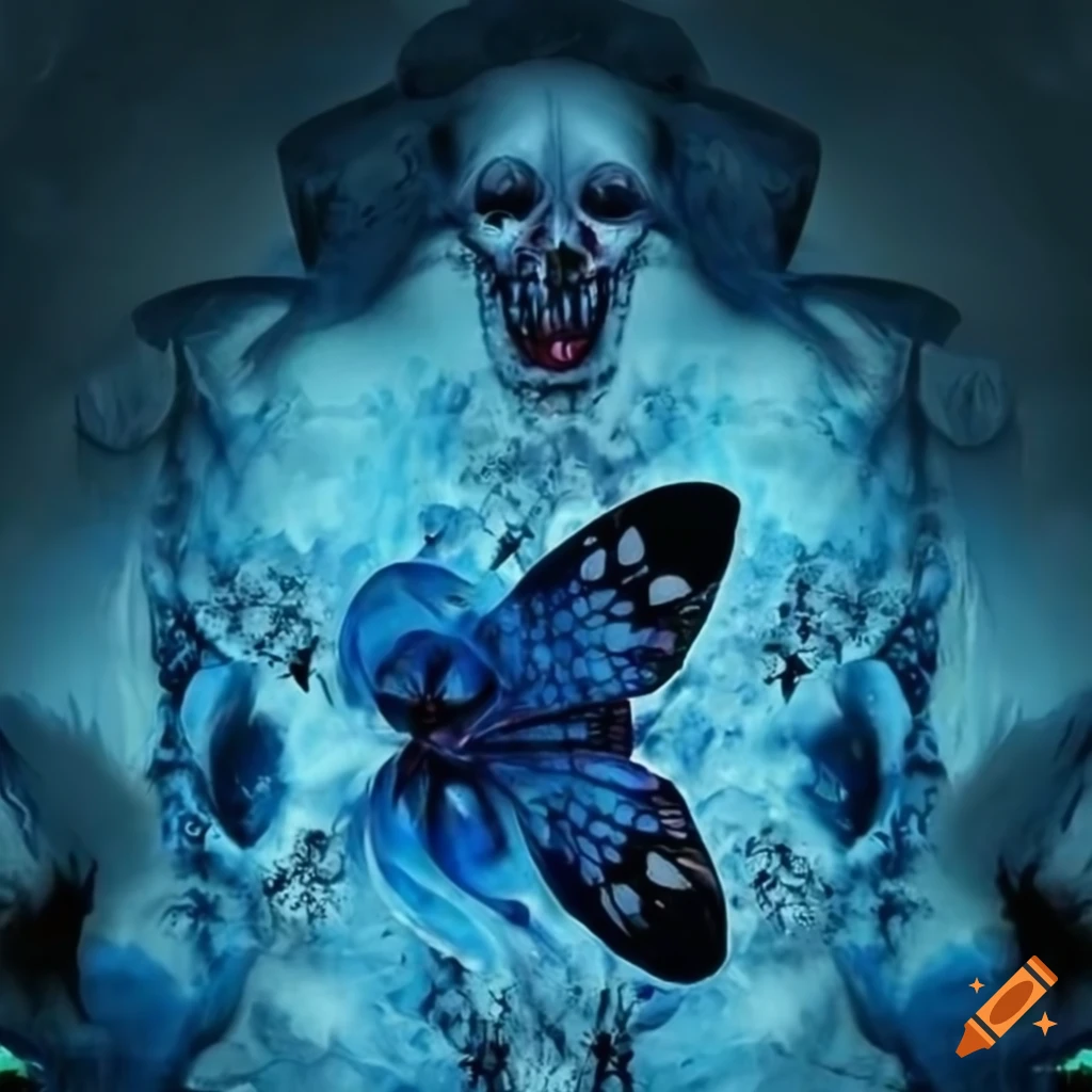Abstract blue horror art with butterflies and crystals on Craiyon