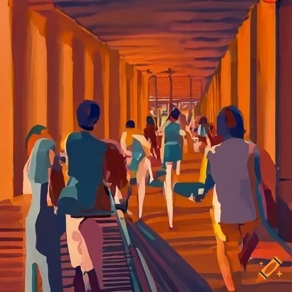 Retro style rendering of a crowded underground station on Craiyon