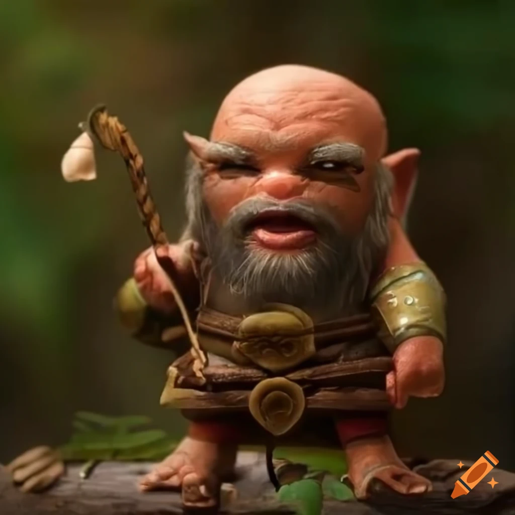 Happy bald dwarf character in forest