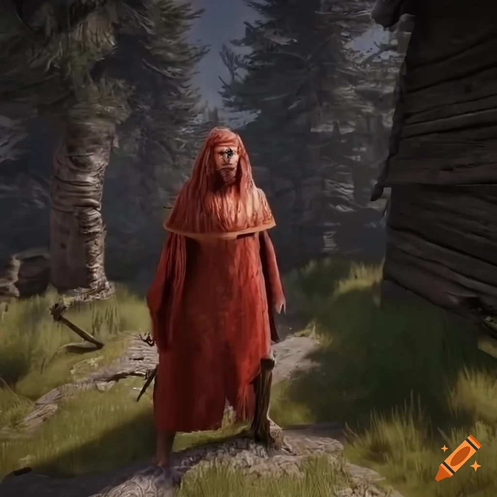 Game character of a red-haired elf warrior in a taiga on Craiyon