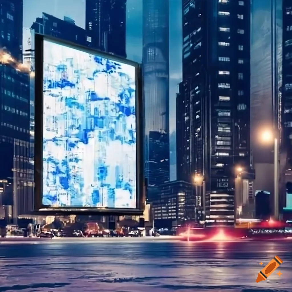 Futuristic city with people walking and a digital screen billboard on ...