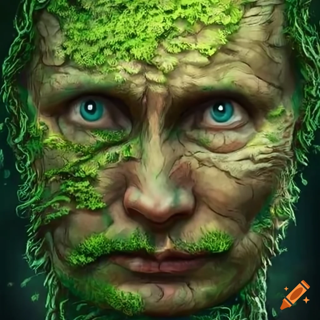 Artistic depiction of a moss-covered ancient tree with Putin's face on ...