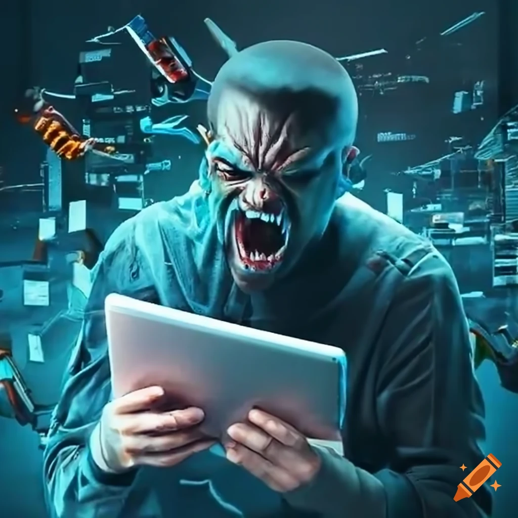 Angry software developer throwing tablet on Craiyon