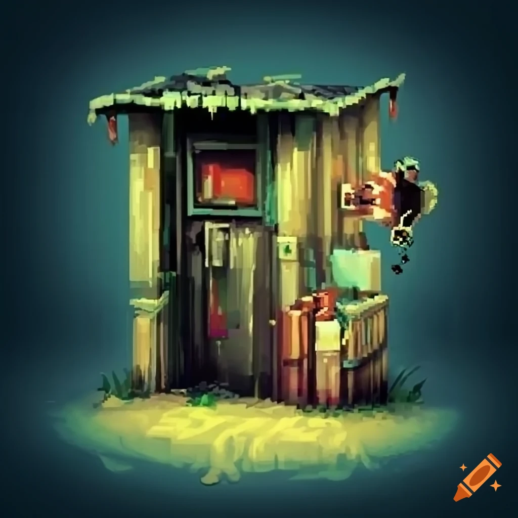 Pixel art of a spooky shanty with a flat tin roof on Craiyon