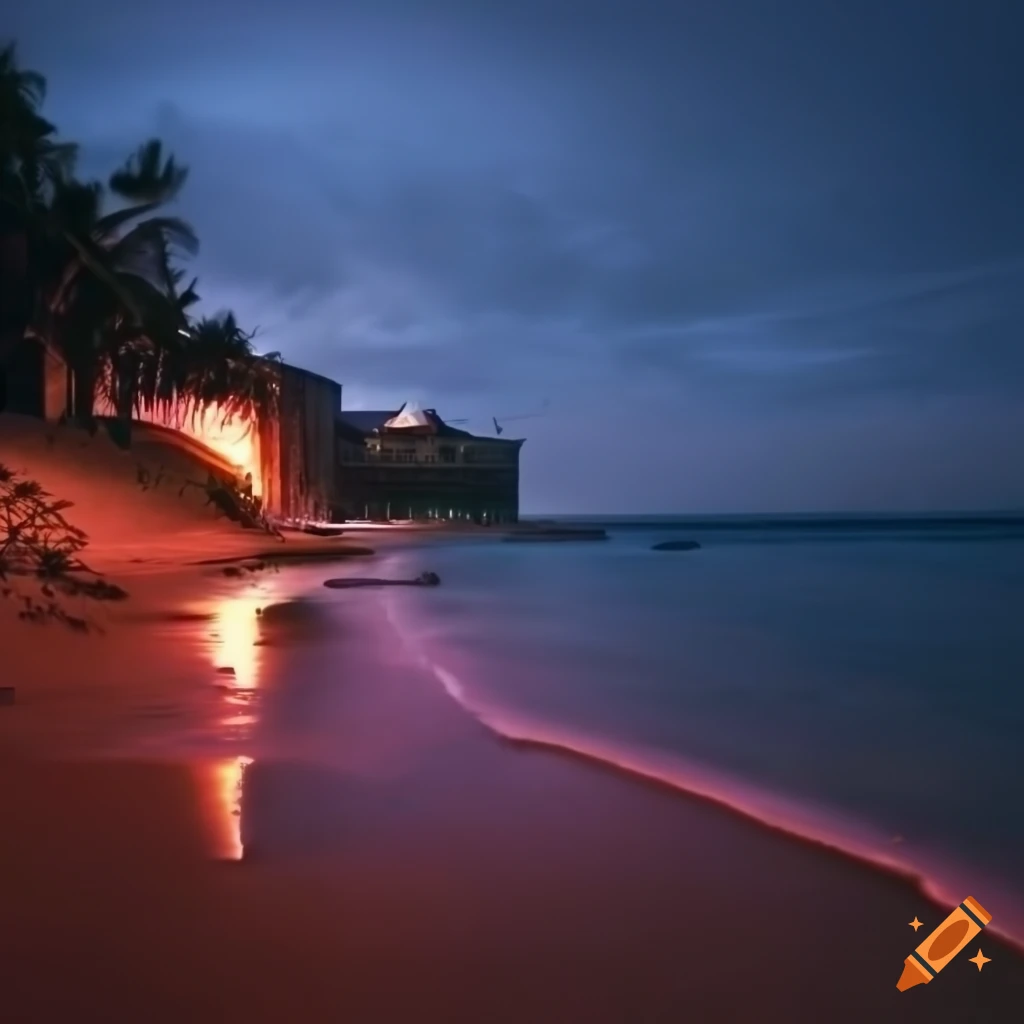 Night view of a casino resort by the beach on Craiyon