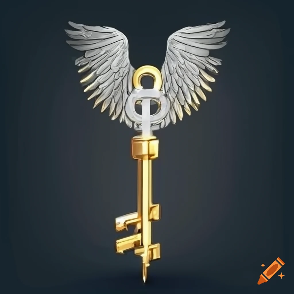 3d cartoon key with wings on a black background