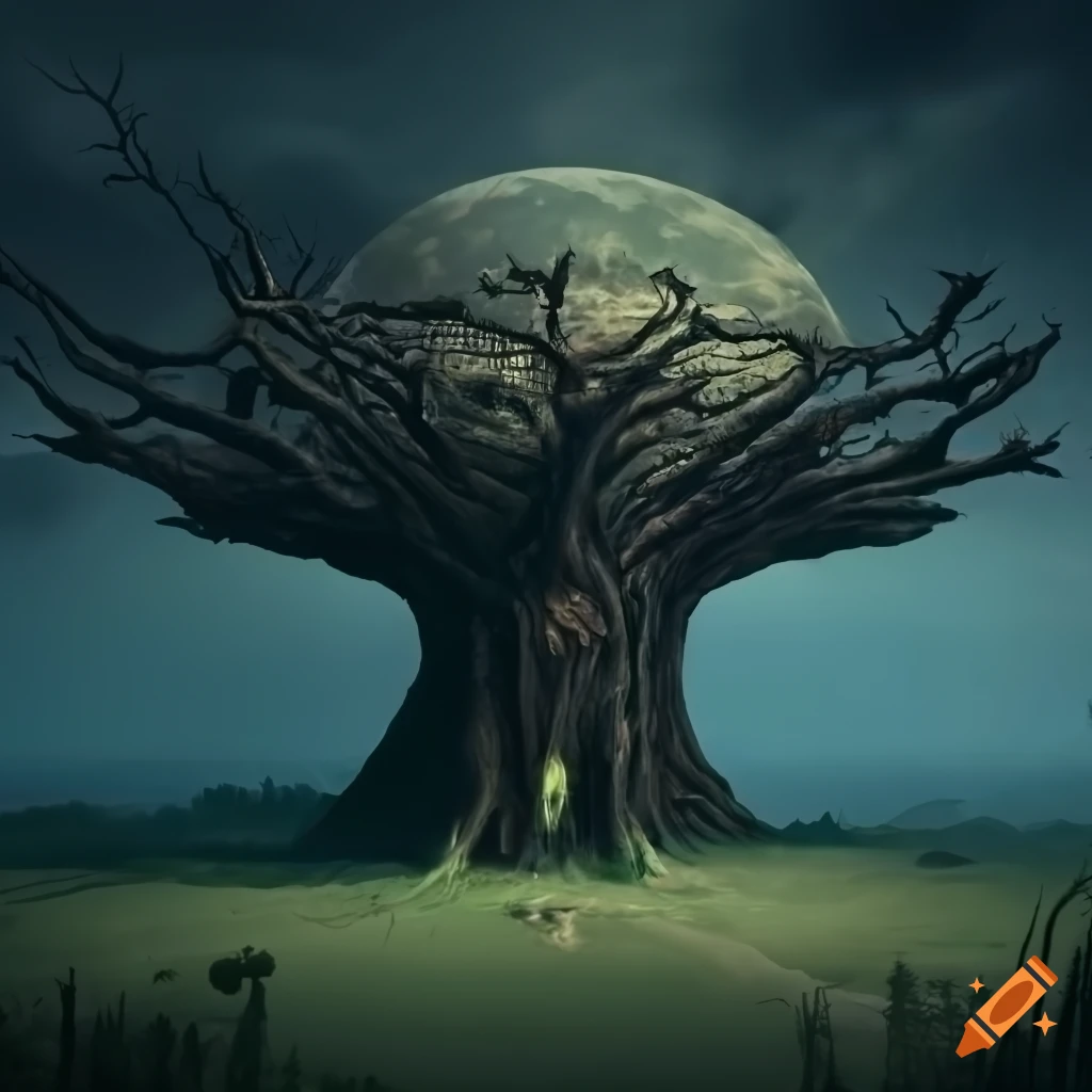 Moonlit scene of massive tree-like structures in lord of the rings ...