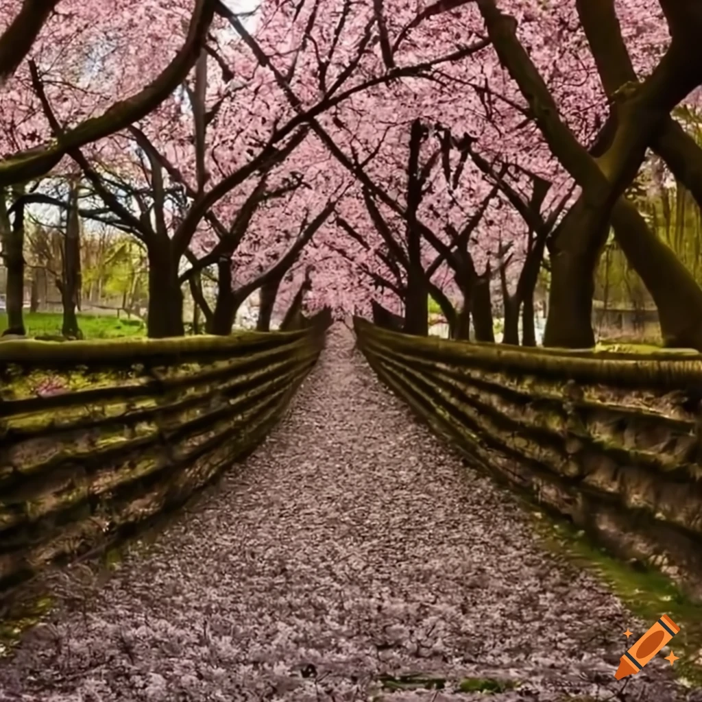 Cherry blossom forest with a sword in the center on Craiyon