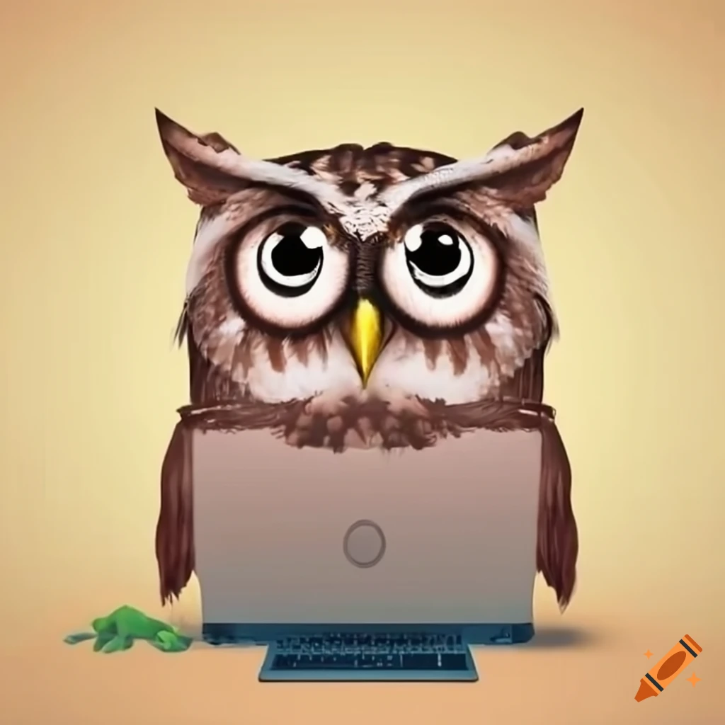 Cute owl hiding behind a computer on Craiyon