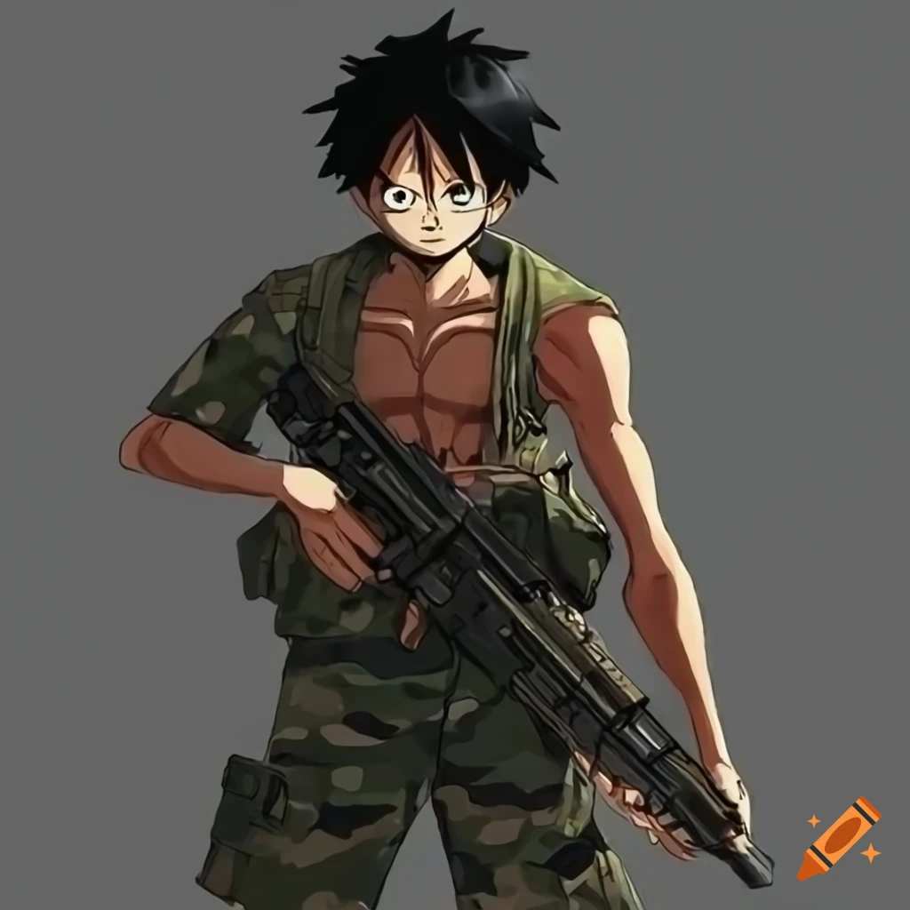 Anime luffy in military uniform holding a rifle on Craiyon