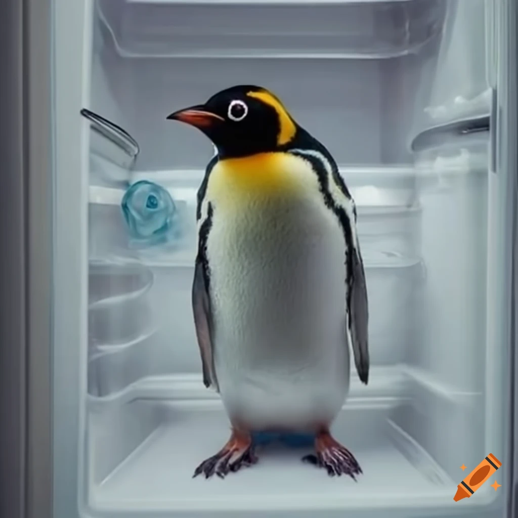 Funny image of a penguin in a fridge on Craiyon