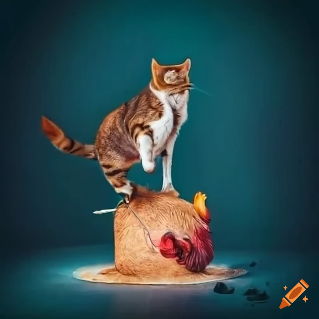 Muscular cat enjoying a meal near a computer workstation on Craiyon