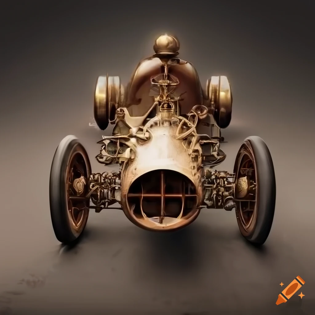 Hyper realistic illustration of a steampunk formula one car on Craiyon