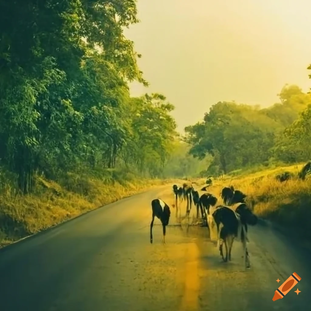 Beautiful countryside road in India with greenery and cattle on Craiyon