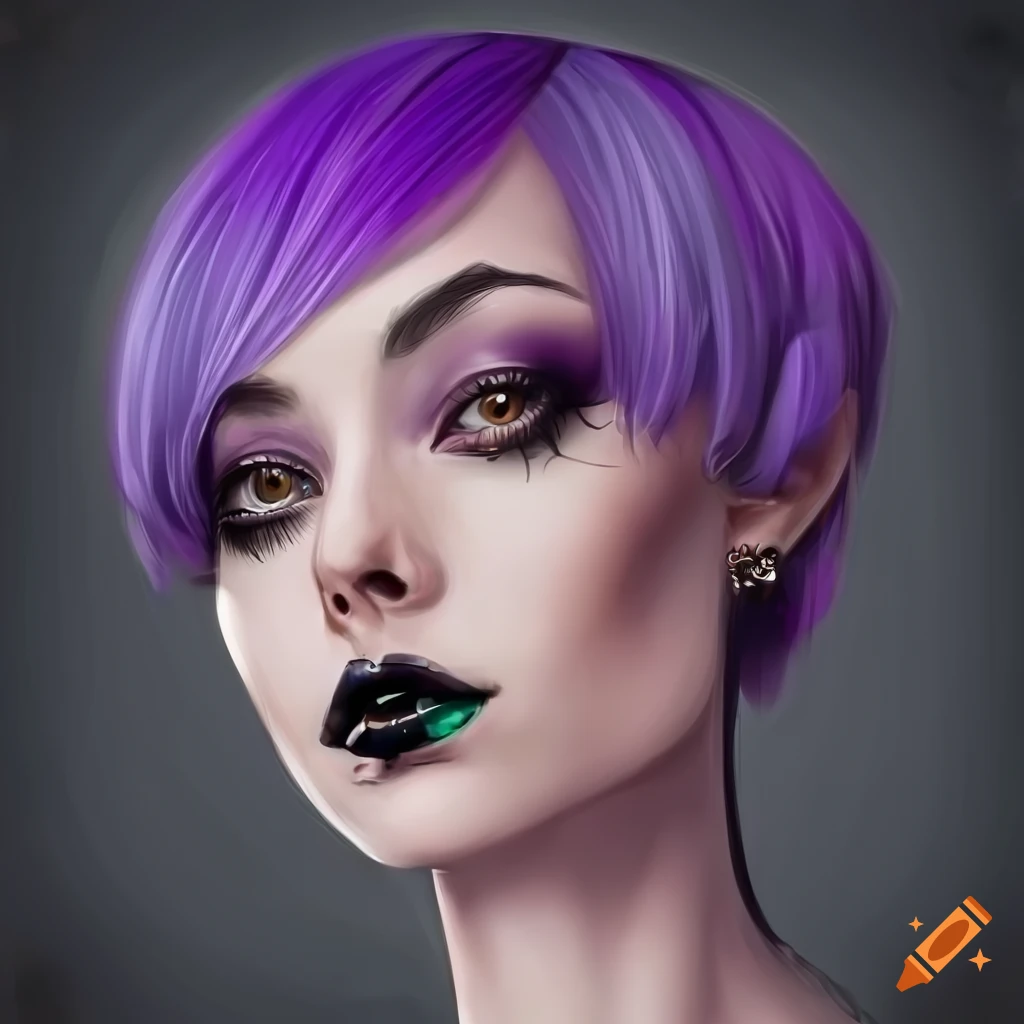 Detailed digital art portrait of a goth woman with purple hair on Craiyon