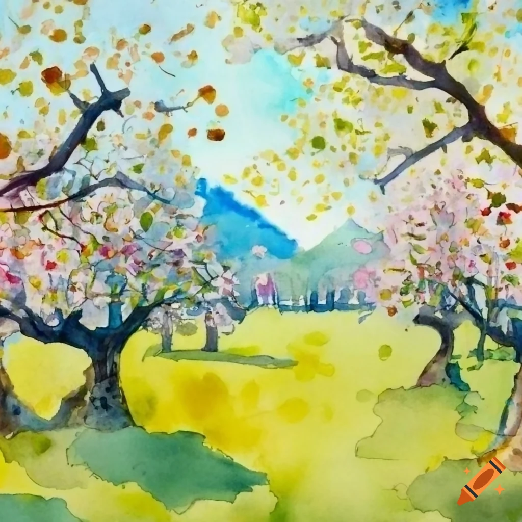 Watercolor of blooming trees in an orchard on Craiyon