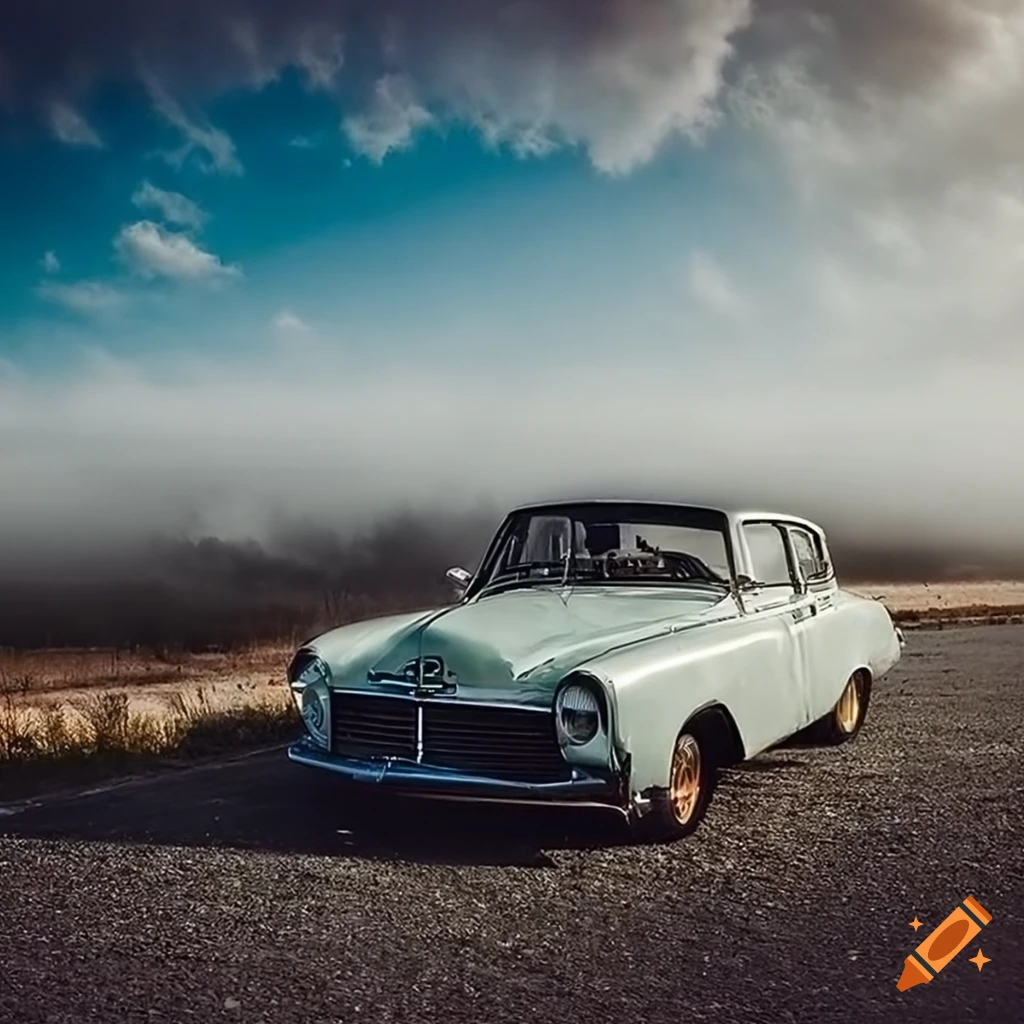 Epic photo of an old car in foggy surroundings on Craiyon