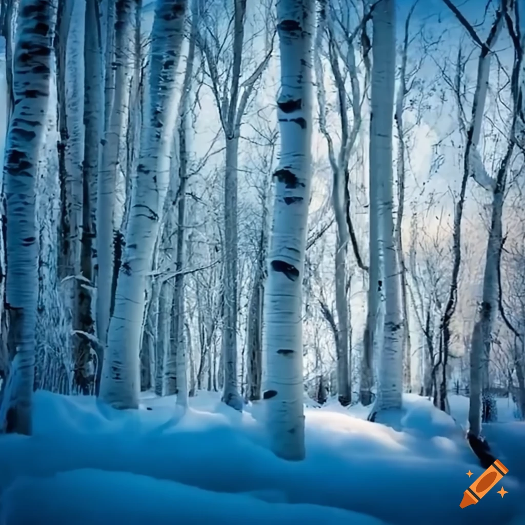 Snow-covered aspen trees in a stunning winter scene on Craiyon