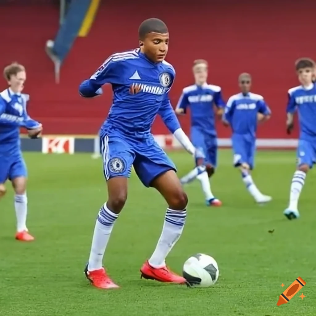Young Kylian Mbappe in Chelsea FC jersey playing football on Craiyon