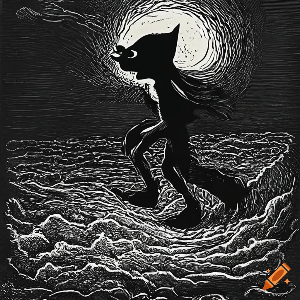 Black and white artwork of sonic the hedgehog walking on water on Craiyon