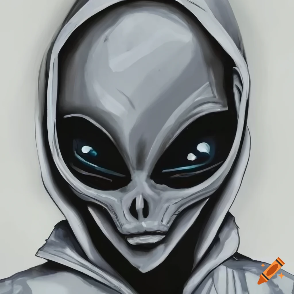 Black and white ink painting of a hoodie-wearing alien