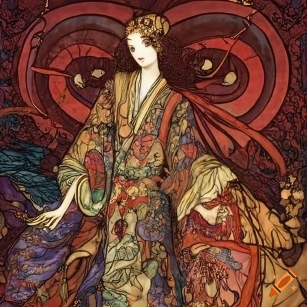Intricate robe design inspired by Edmund Dulac and Yoshitaka Amano on ...