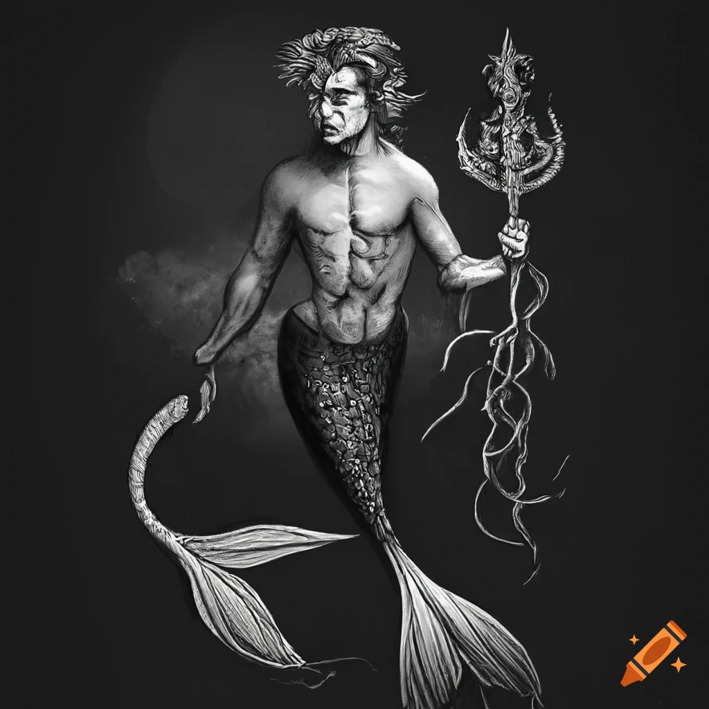 Detailed etching of a lovecraftian merman