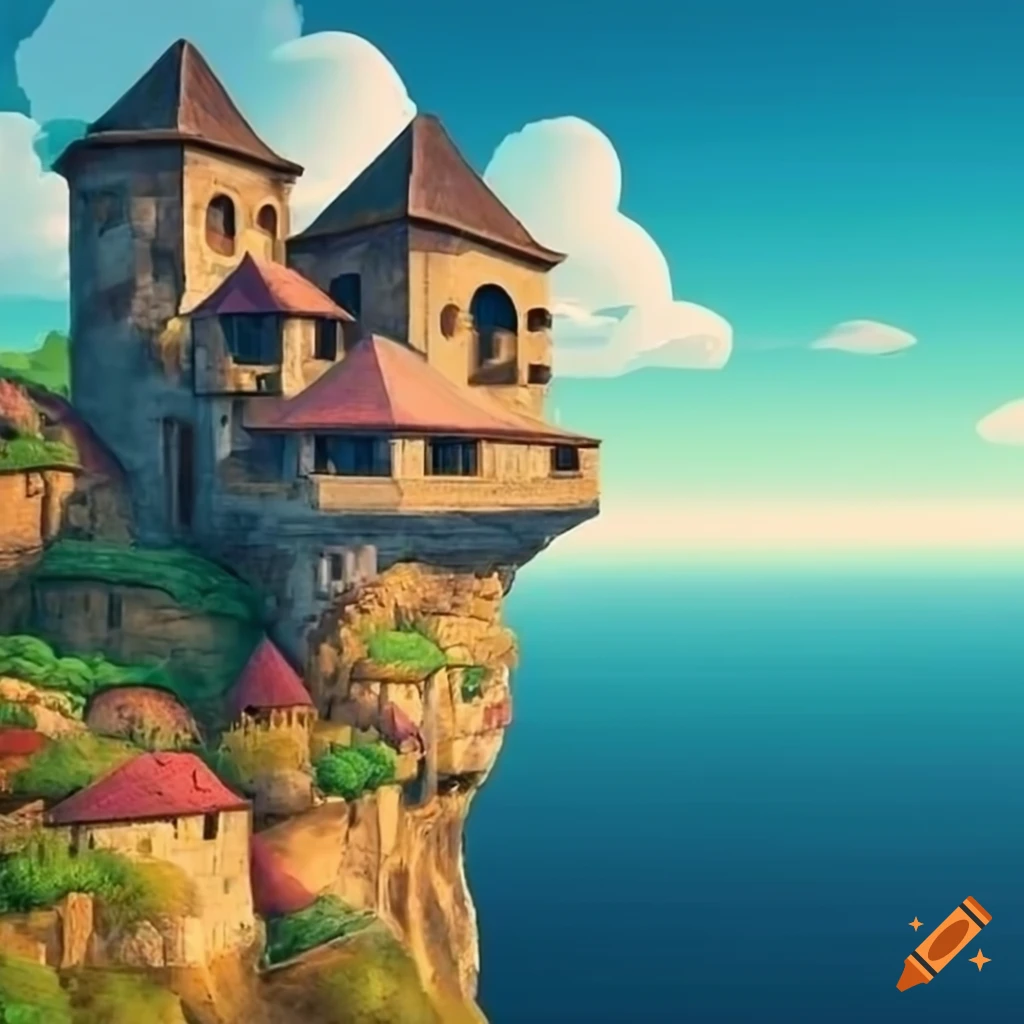 Colorful aerial view of a fantasy stone tower on a cliff on Craiyon