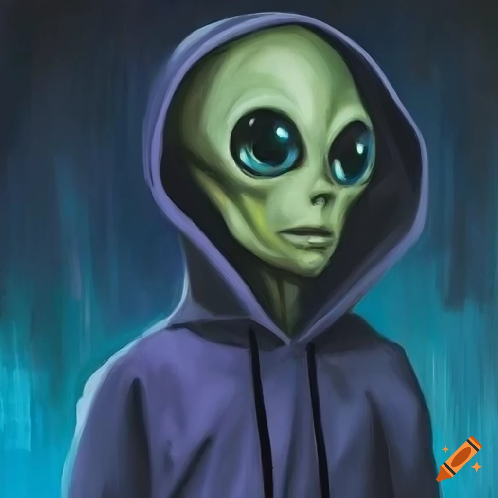 Oil painting of an alien guy with a hoodie on Craiyon