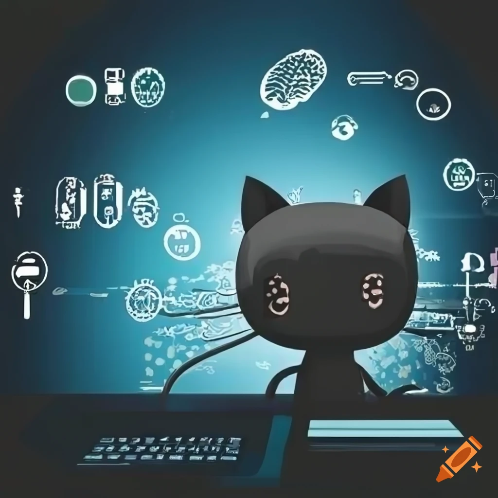 Cat typing code with computational biology icons in the background on ...